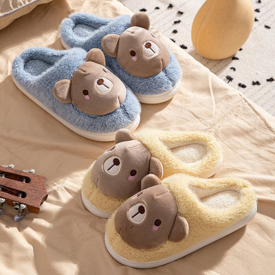 Women Wholesale Winter Cute Bear Home Indoor Slippers Cartoon Plush Warm fluffy Non-Slip Shoes faux fur