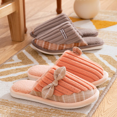 New Design Simple Style Couple Cute Bow Home Indoor Slippers Women Plush Warm Men Comfort Non-Slip home Shoes