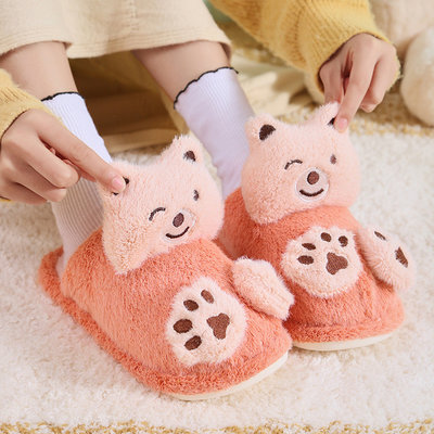 2021 New Design Winter Cartoon Bear Couple Slippers Female Cute  Plush Thermal Non-slip Home indoor Shoes