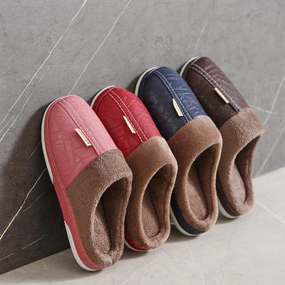 Wholesale Custom 2021 New Design PU leather Couple Slippers Winter Casual Comfort Skid-friendly Warm Non-slip Female home Shoes