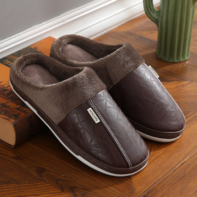 Wholesale Custom 2021 New Design PU leather Couple Slippers Winter Casual Comfort Skid-friendly Warm Non-slip Female home Shoes