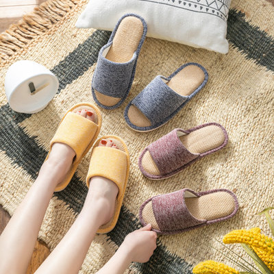 2021 new fashion linen couple slippers autumn home non-slip mute and sweat-absorbent soft bottom floor slippers