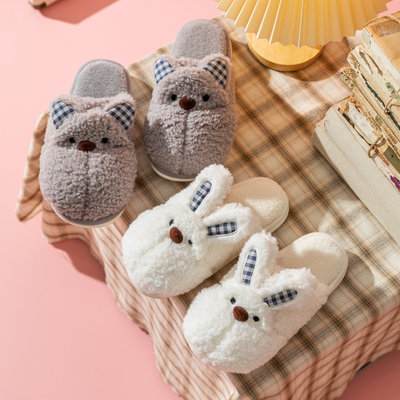 new arrival rabbit hair PVC sole slippers winter cartoon house indoor thick soled plush shoes women fluffy grid pattern slipper
