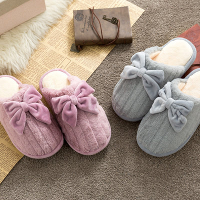 Wholesale autumn and winter explosion models bow thickened warm plush slippers non-slip home couple shoes