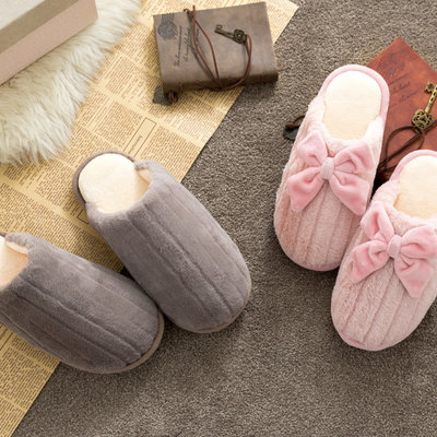 Wholesale autumn and winter explosion models bow thickened warm plush slippers non-slip home couple shoes