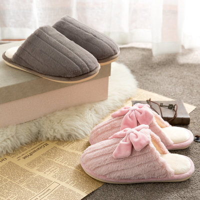 Wholesale autumn and winter explosion models bow thickened warm plush slippers non-slip home couple shoes