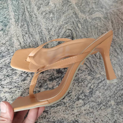 New style square toe PU sandals female heels shoes non-slip women slippers slides fashion out wear high heel flip flops