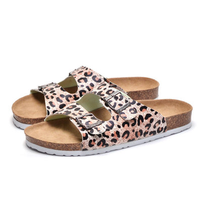 Wholesale 2021 summer new ladies slippers Leopard Printed Cork Sole Two Straps Portable Cork slippers casual shoes woman