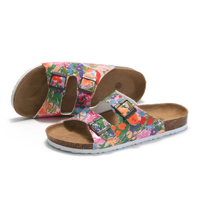 American hot sale New design high quality summer women Pattern Printing Double Buckle Cork Slipper floral sandals
