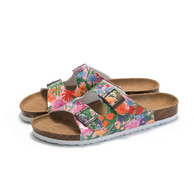 American hot sale New design high quality summer women Pattern Printing Double Buckle Cork Slipper floral sandals