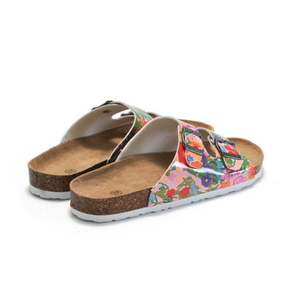 American hot sale New design high quality summer women Pattern Printing Double Buckle Cork Slipper floral sandals