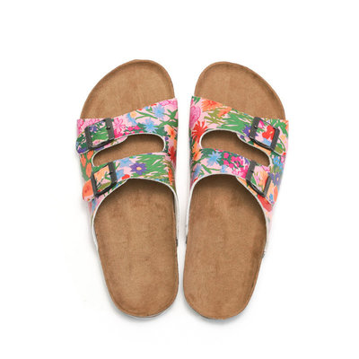 American hot sale New design high quality summer women Pattern Printing Double Buckle Cork Slipper floral sandals