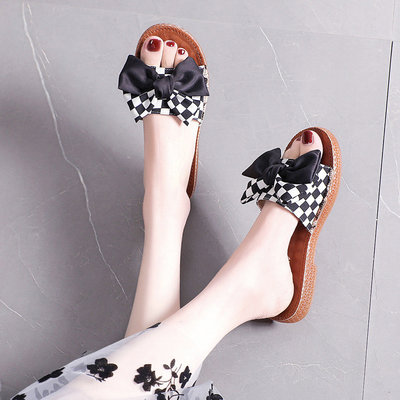 2022 new custom outdoor wedge sandals fashion plaid bowknot upper ladies soft bottom non-slip casual shoes