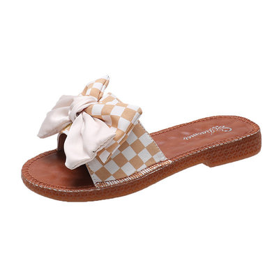 2022 new custom outdoor wedge sandals fashion plaid bowknot upper ladies soft bottom non-slip casual shoes