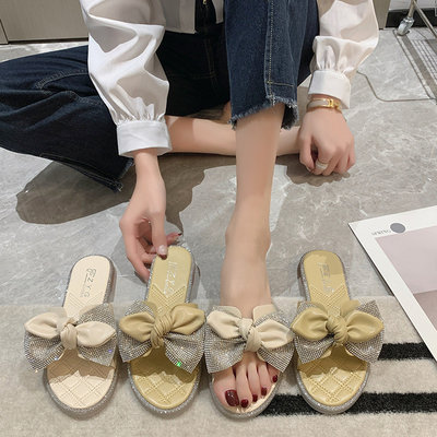 Sandals for women and ladies hot sale new summer custom rhinestone fashion bowknot upper non-slip sole slippers