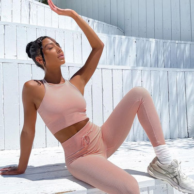 2021 summer new thread breathable women's solid color sportswear high waist yoga set two pieces tight sport suit ems