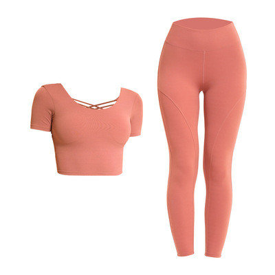 2021 Short Sleeve Two Piece sports suit Women High Waist Tight Sportswear Seamless Yoga Set ladies solid color Activewear