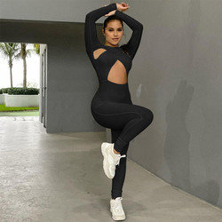 hot sale women long sleeve jumpsuit 2021 new design solid color hollow out bodycon cross bandage sportswear in stock