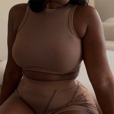 Summer simple women solid color slim sleeveless fitness yoga set high waist lift hip tight shorts running sportswear