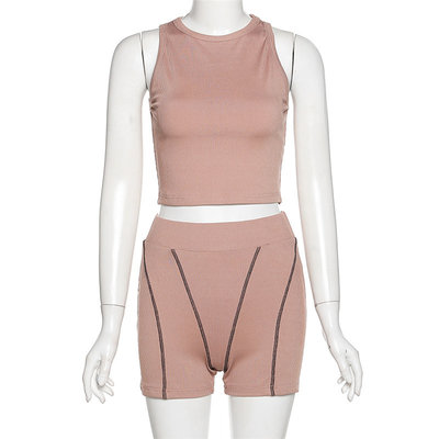 Summer simple women solid color slim sleeveless fitness yoga set high waist lift hip tight shorts running sportswear