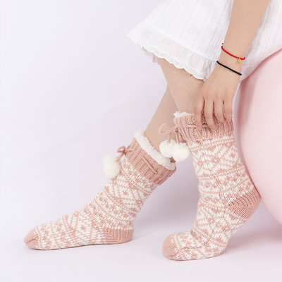 Winter Knit Women Anti Slip Thick Sherpa Lined socks Thermal Fuzzy Christmas solid color Slipper Socks