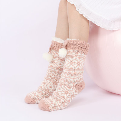Winter Knit Women Anti Slip Thick Sherpa Lined socks Thermal Fuzzy Christmas solid color Slipper Socks