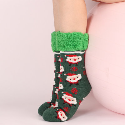 women breathable anti-slip socks polyester green socks with father christmas pattern thick christmas stocking