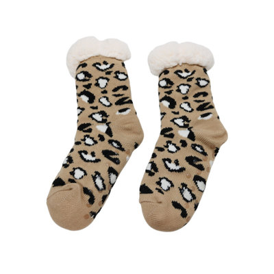 Customized Leopard Thick Warm Clouds Fabric Slipper Socks  Fuzzy Fleece Dot Women Slipper Socks