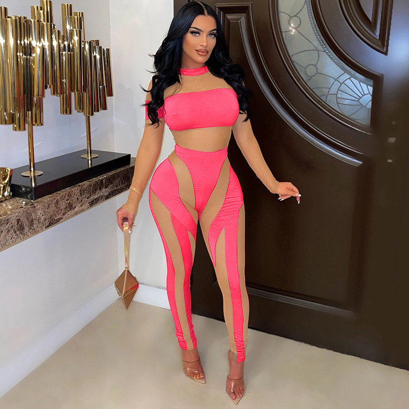 2022 new arrived Summer Sexy Mesh yarn splicing Perspective Jumpsuit Custom skinny nightclub wear Fitness & Yoga wear