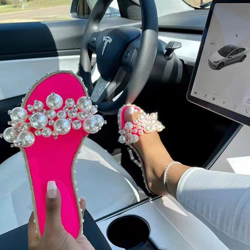 2022 Summer Fashion Open Toe Women's Sandals Plus Size Flat Slippers Pearl Slides non-slip shoes for ladies