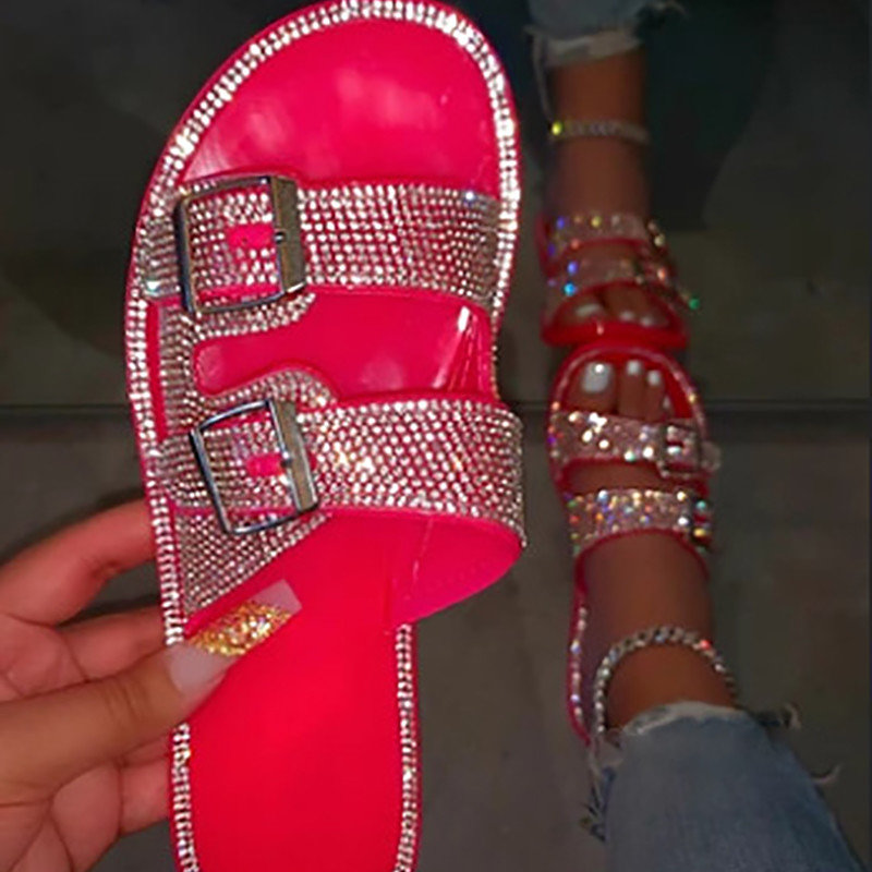 Best price new design rhinestone beach casual shoes with buckles flat non-slip slippers footwear summer sandals women