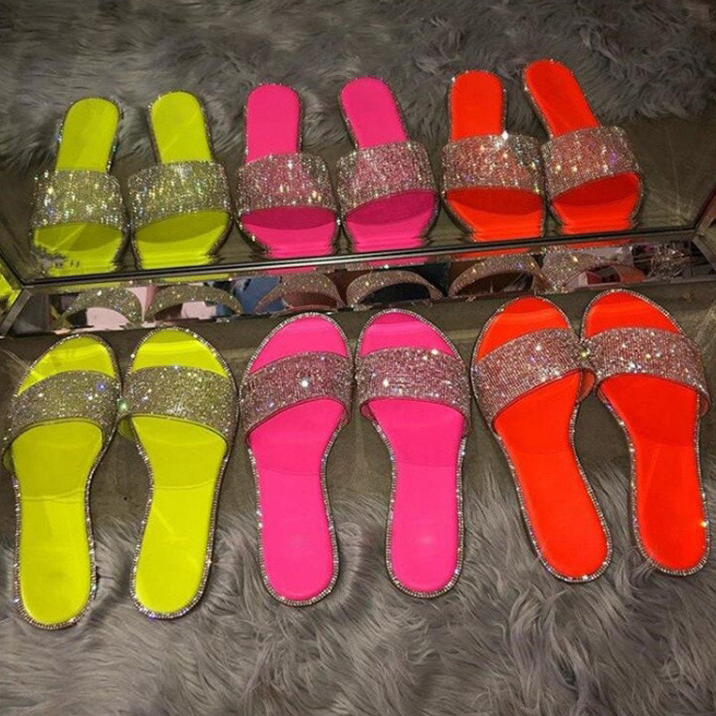 2022 New Arrival Summer Sandals women Rhinestone Flat Slide outdoor Casual solid color slippers Ladies wholesale