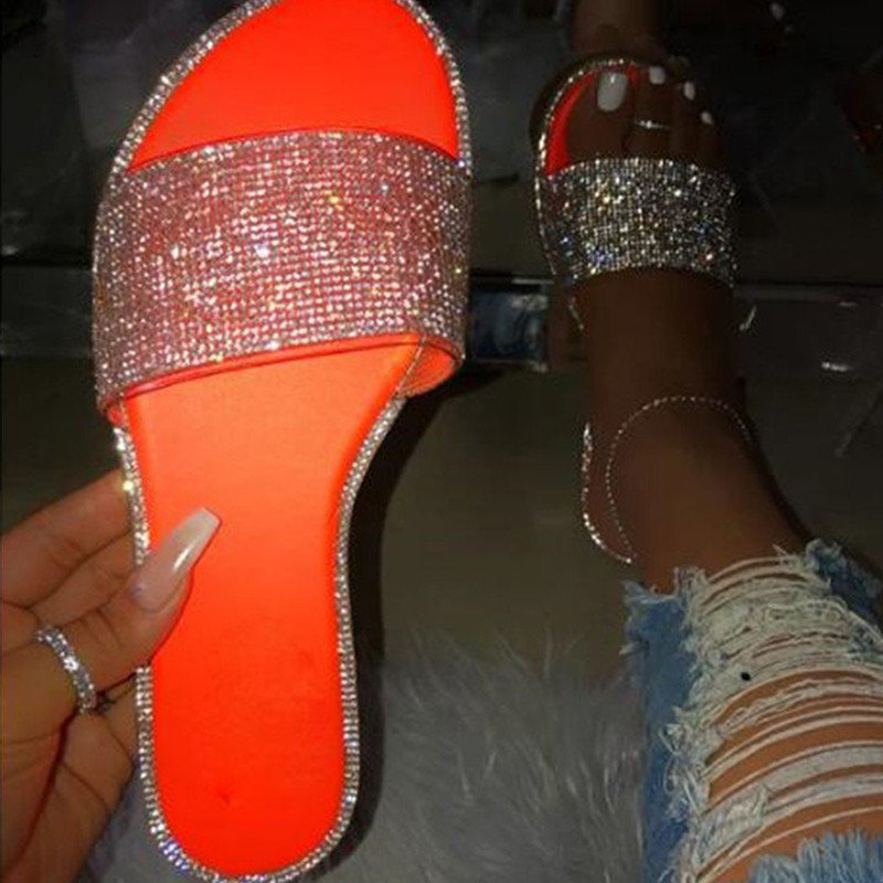 Factory supply Rhinestone Women large size Beach Sandals soft sole non-slip outdoor Shoes Flat Slippers for ladies