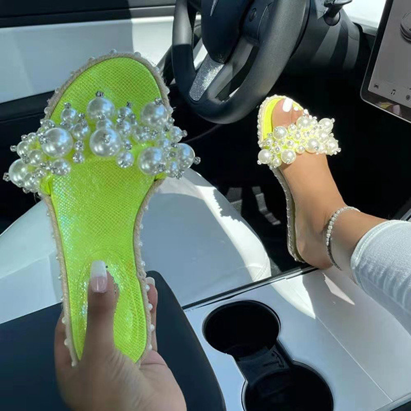 New fashion style pearl flat sandals large size slide slippers hot sale solid color outdoor non-slip shoes for women