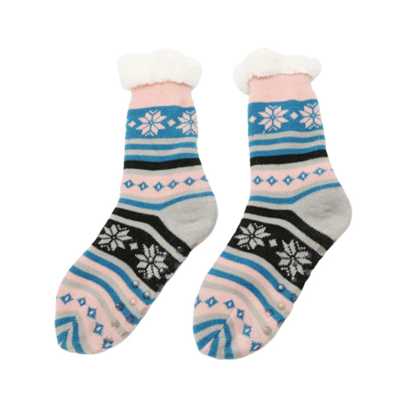 blue and pink stripe christmas socks non-slip warm floor socks women winter house slipper socks