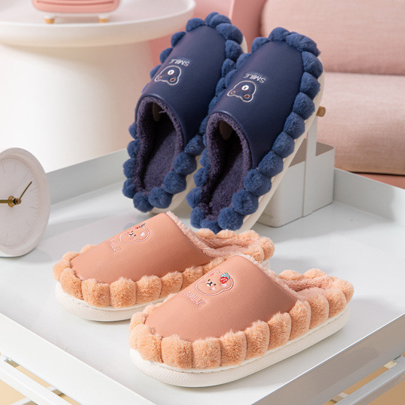 Winter fashion Flowers side plush slippers indoor and outdoor warm non-slip soft sole couple bedroom shoes women
