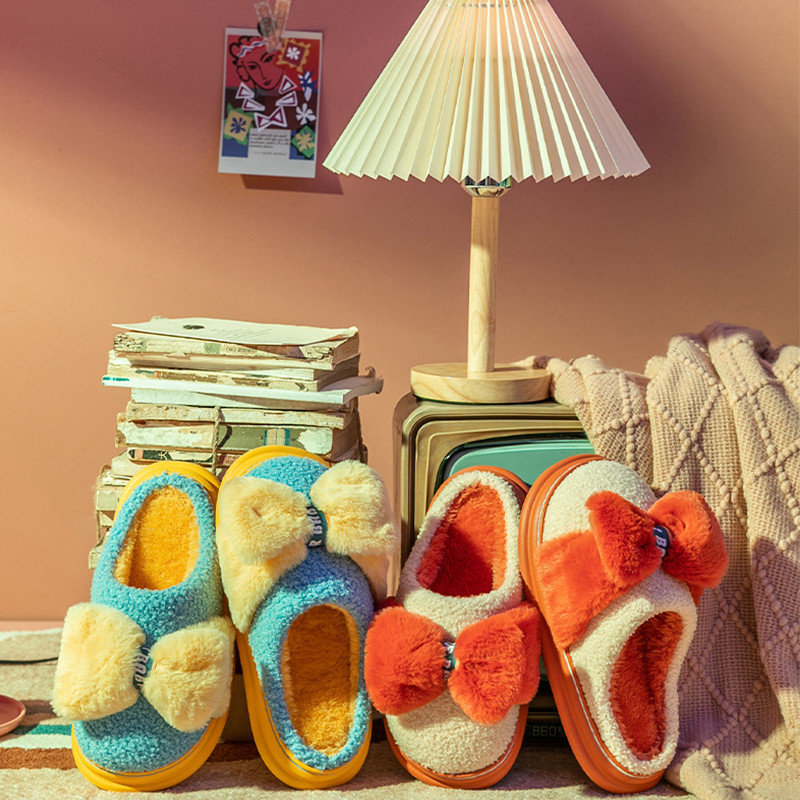 New Design Cute Bow Slippers Women Winter Home Thick Bottom Warn Non-Slip Couple Style Plush Indoor Cartoon Men