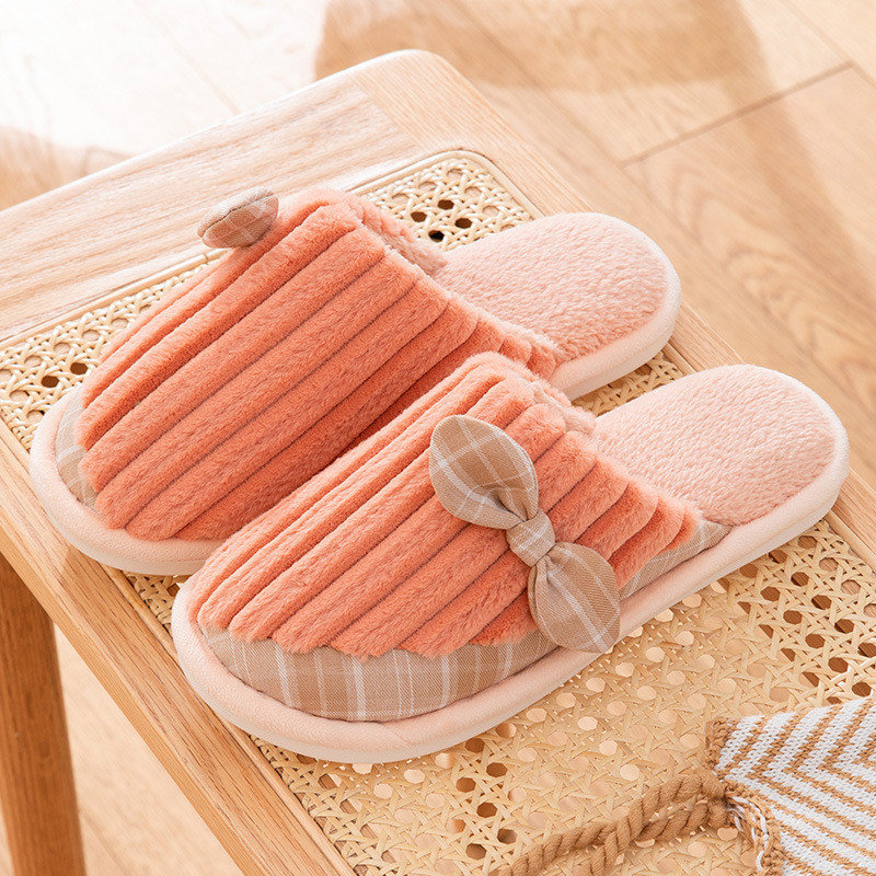 New Design Simple Style Couple Cute Bow Home Indoor Slippers Women Plush Warm Men Comfort Non-Slip home Shoes