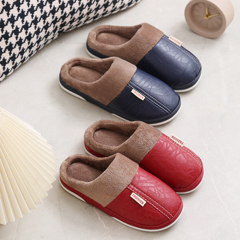 Wholesale Custom 2021 New Design PU leather Couple Slippers Winter Casual Comfort Skid-friendly Warm Non-slip Female home Shoes