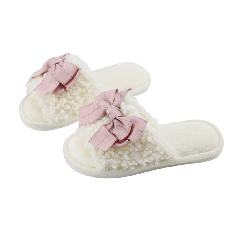 Women Soft Sherpa With Bowknot Memory Foam Slide Lady Fluffy Slide Open Toe Slippers