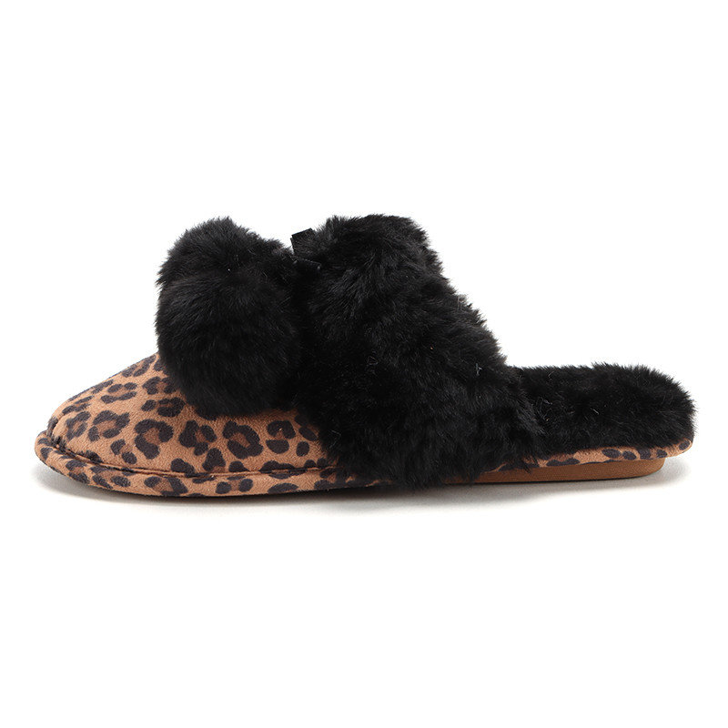 Leopard soft fluffy faux fur slippers for ladies soft tpr sole warm women house indoor slippers