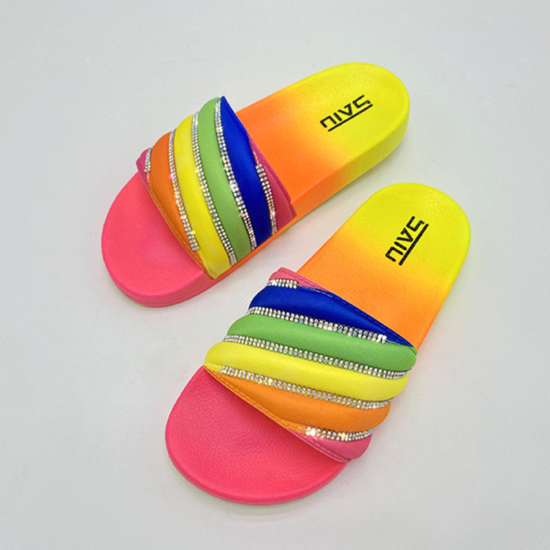 High quality lady rainbow color custom soft women PVC material slippers lightweight out wear sandals wholesale cloud slides