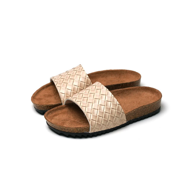 Custom Logo Summer Girl  Solid Color Woven Breathable Non Slip Cork Slippers