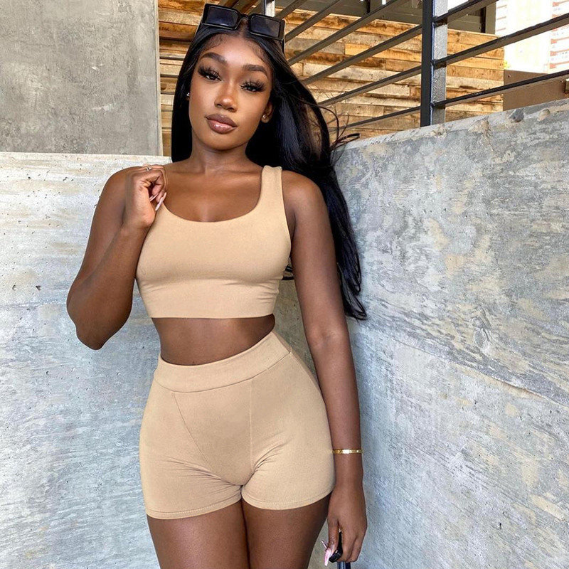 2021 women sleeveless slim crop top and yoga pant two pieces sports suits sexy high waist shorts fitness clothes in stock