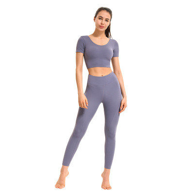 2021 Short Sleeve Two Piece sports suit Women High Waist Tight Sportswear Seamless Yoga Set ladies solid color Activewear