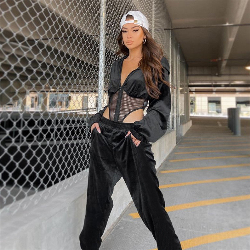 new Fall mesh sexy see through long sleeve bodysuits yoga pants 2 piece sports outfits women  two pieces sport suit ems