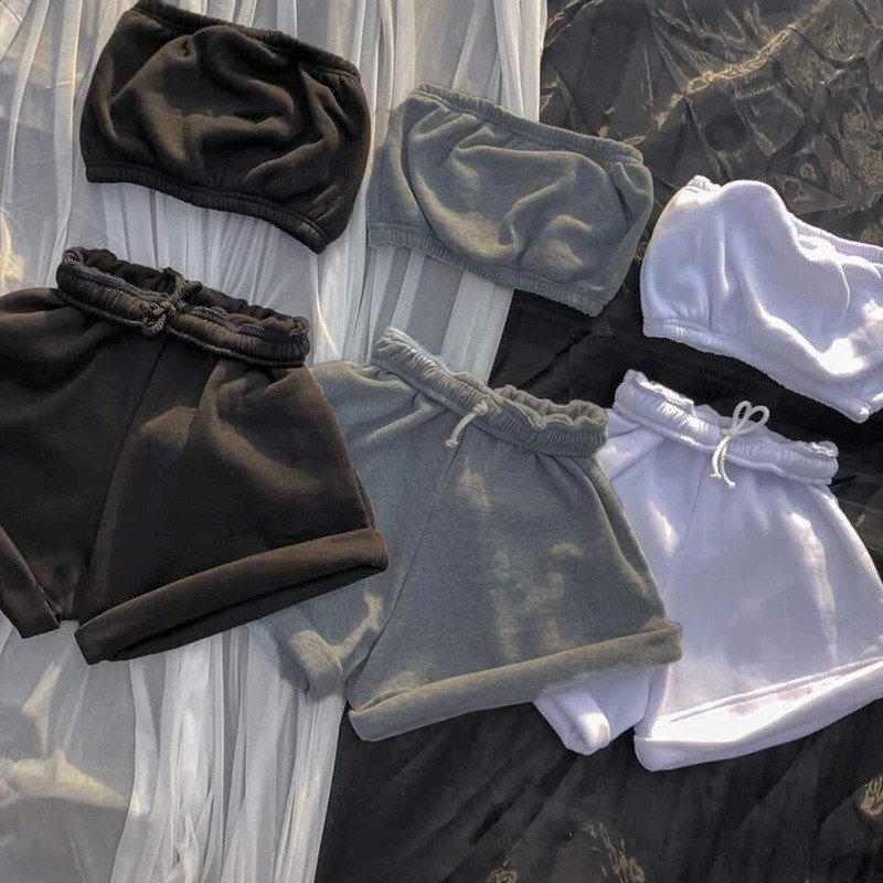hot sales ladies Solid Color Two Pieces Strapless Short sports Set lace-up yoga Set Women fitness Clothing Summer Sportswear
