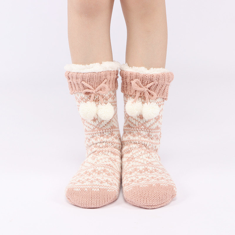 Winter Knit Women Anti Slip Thick Sherpa Lined socks Thermal Fuzzy Christmas solid color Slipper Socks