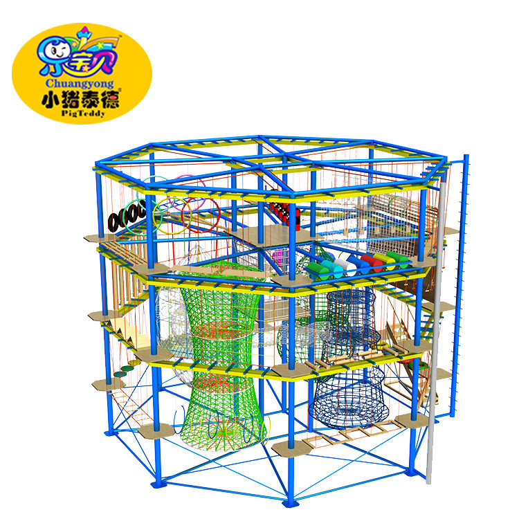 Challenge course training team building activities with rope climbing obstacle course