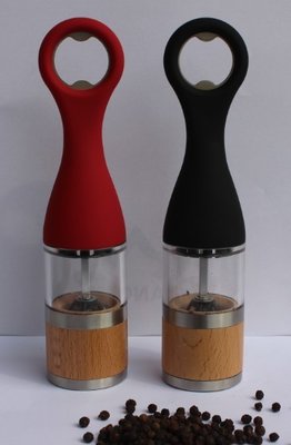 Wood salt/pepper mill with opener